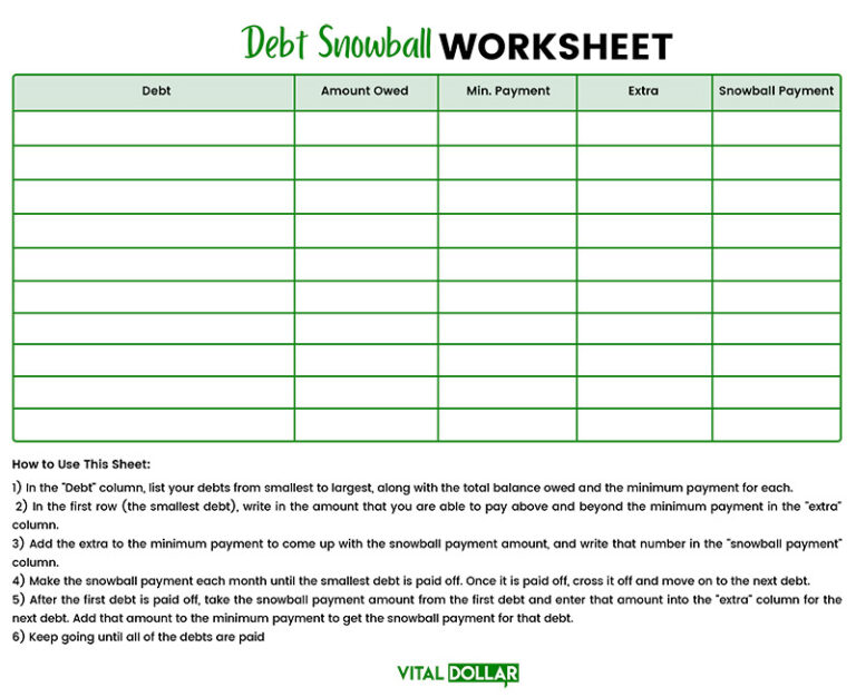 Free Debt Snowball Worksheet Printable - Vital Dollar